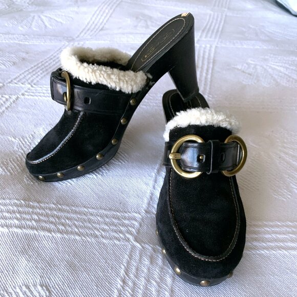 Coach | Shoes | Coach Sondra Mule Suede Leather Shearling Wood Bottoms ...